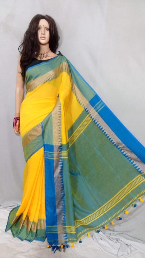 Yellow and Blue Cotton Temple Design boder-Saree - Loomfolks