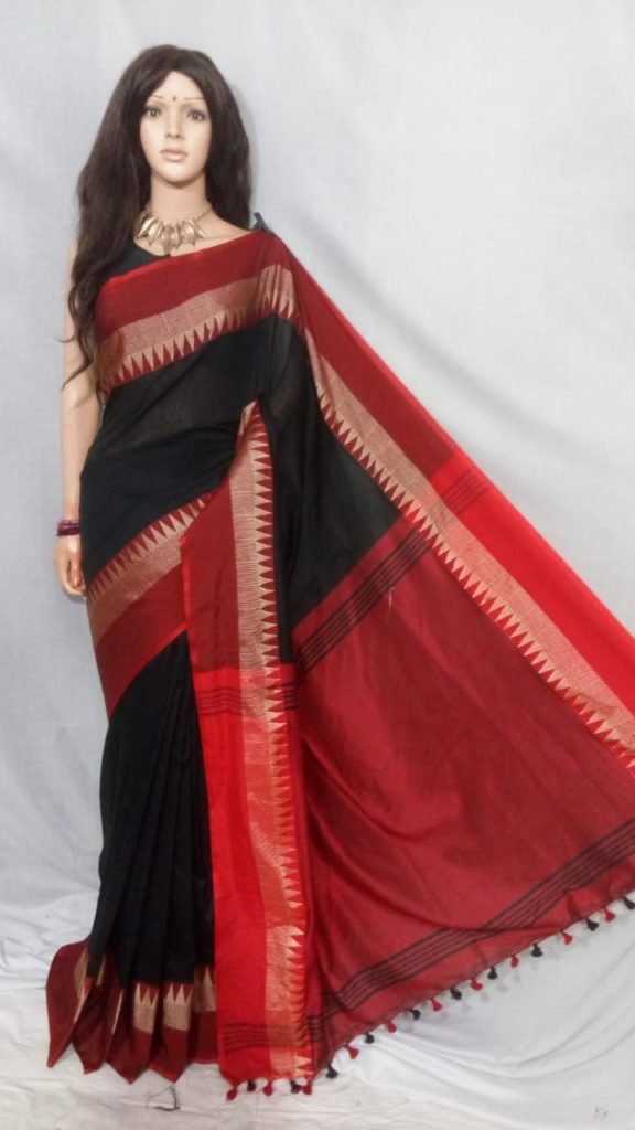Black with Red Border Cotton Temple Design Saree - Loomfolks