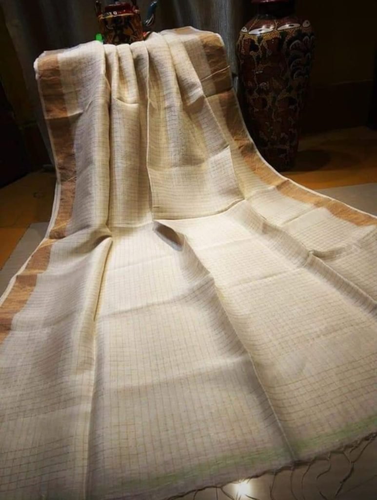 Pearl White Linen Check Saree Free Shipping - Loomfolks