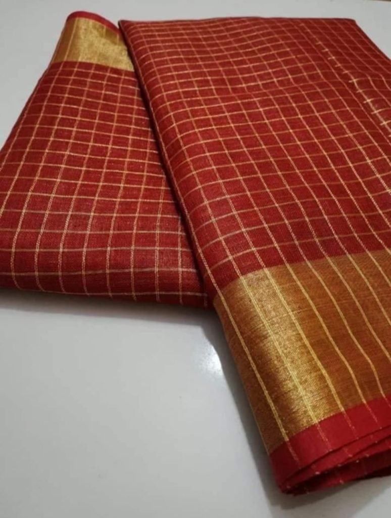 Red Linen Check Sarees - Loomfolks