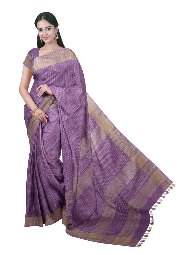 Purple Linen Check Sarees - Loomfolks
