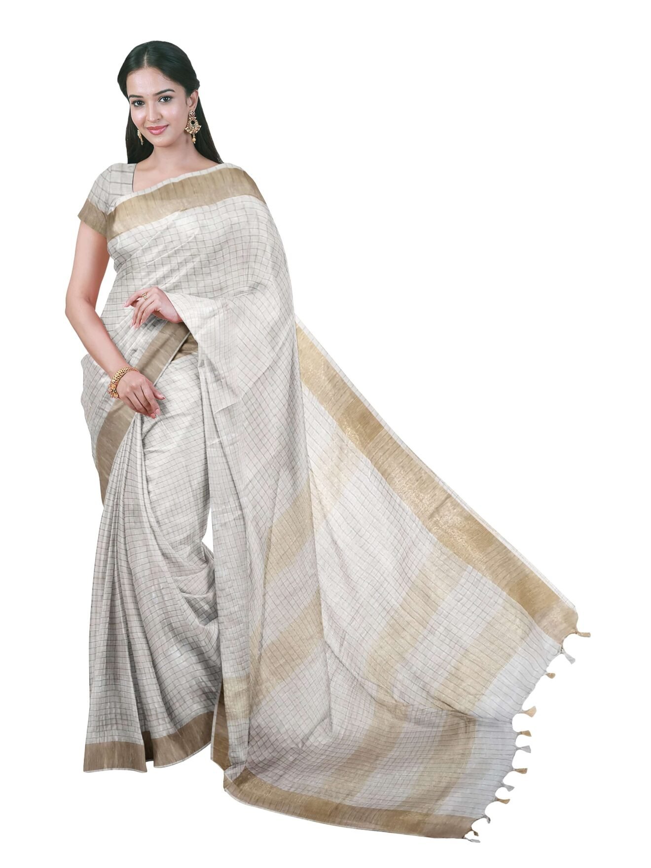 Grey Linen Check Sarees - Loomfolks