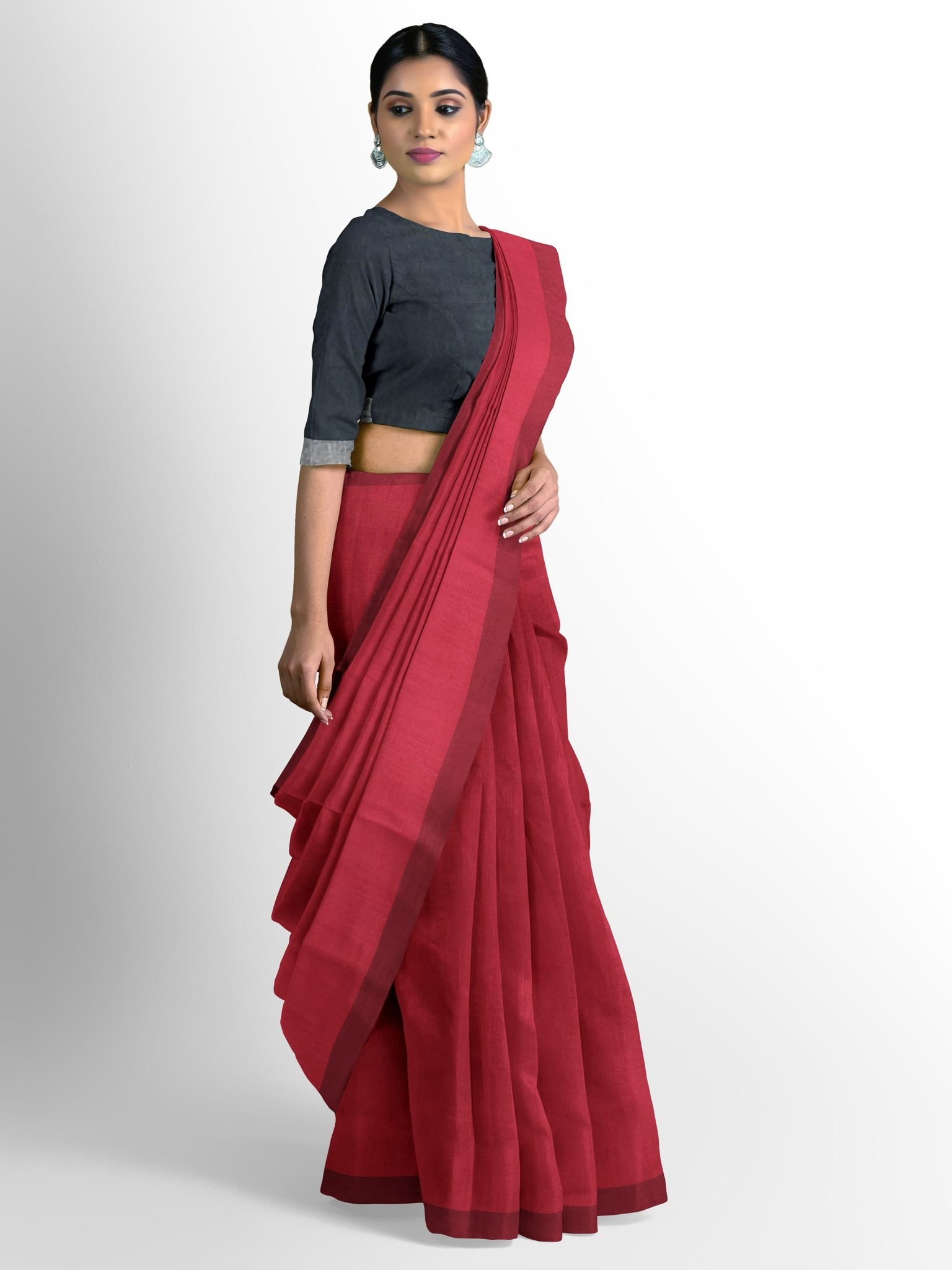Peacock Blue Plain Mercerised Cotton Saree - Loomfolks