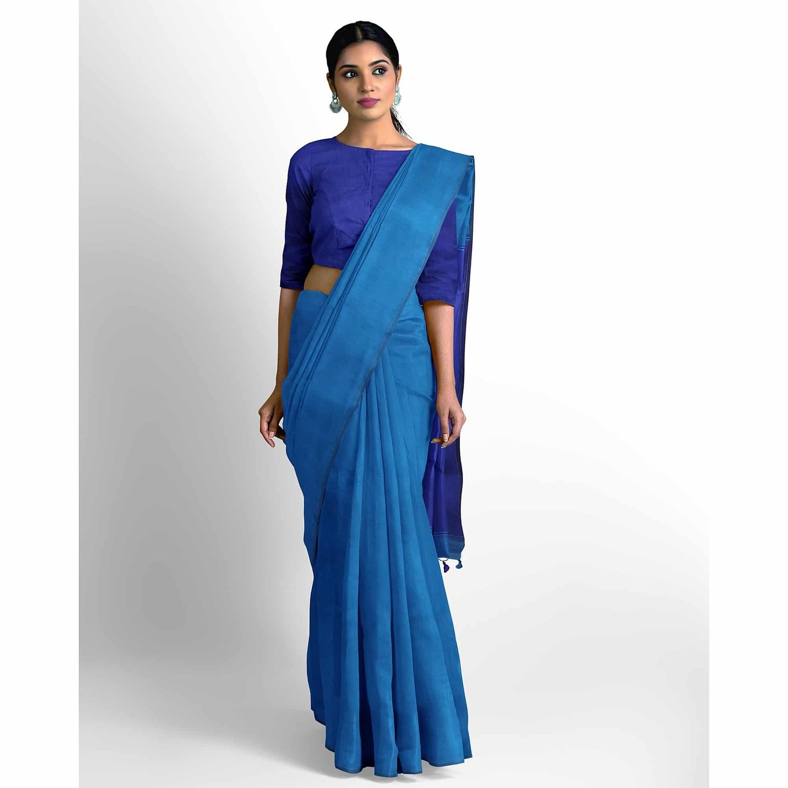 Blue Cotton Silk Saree with Violet Pallu - Loomfolks