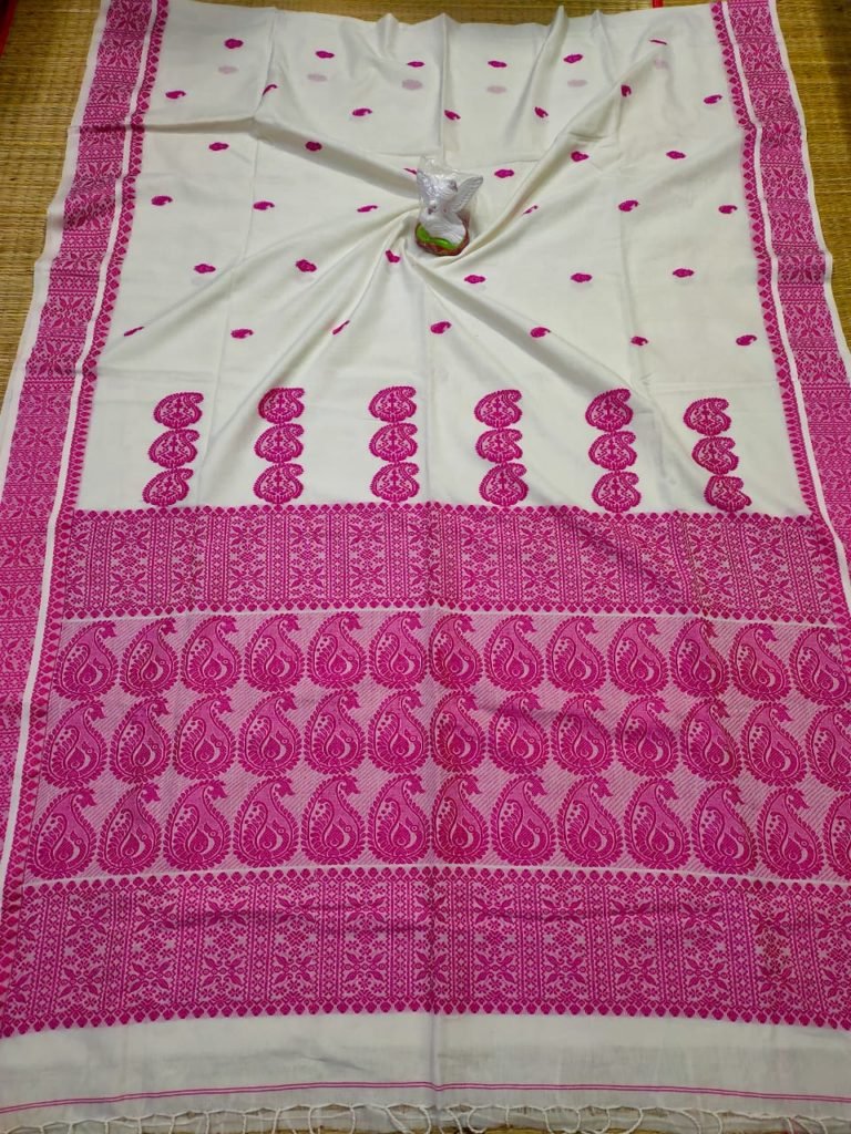 White Pink Mango Butti Cotton Handwoven Saree - Loomfolks