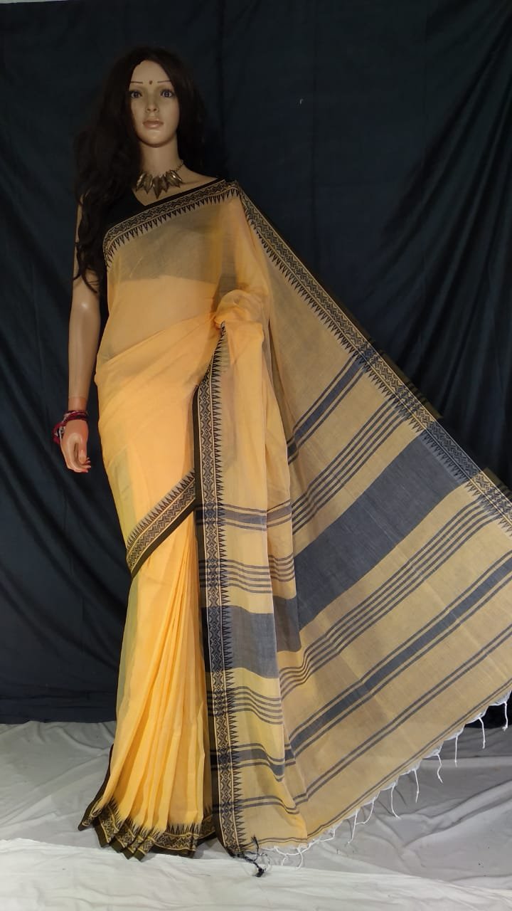 Mango Yellow Pure Cotton Small Temple Border Handwoven Saree - Loomfolks