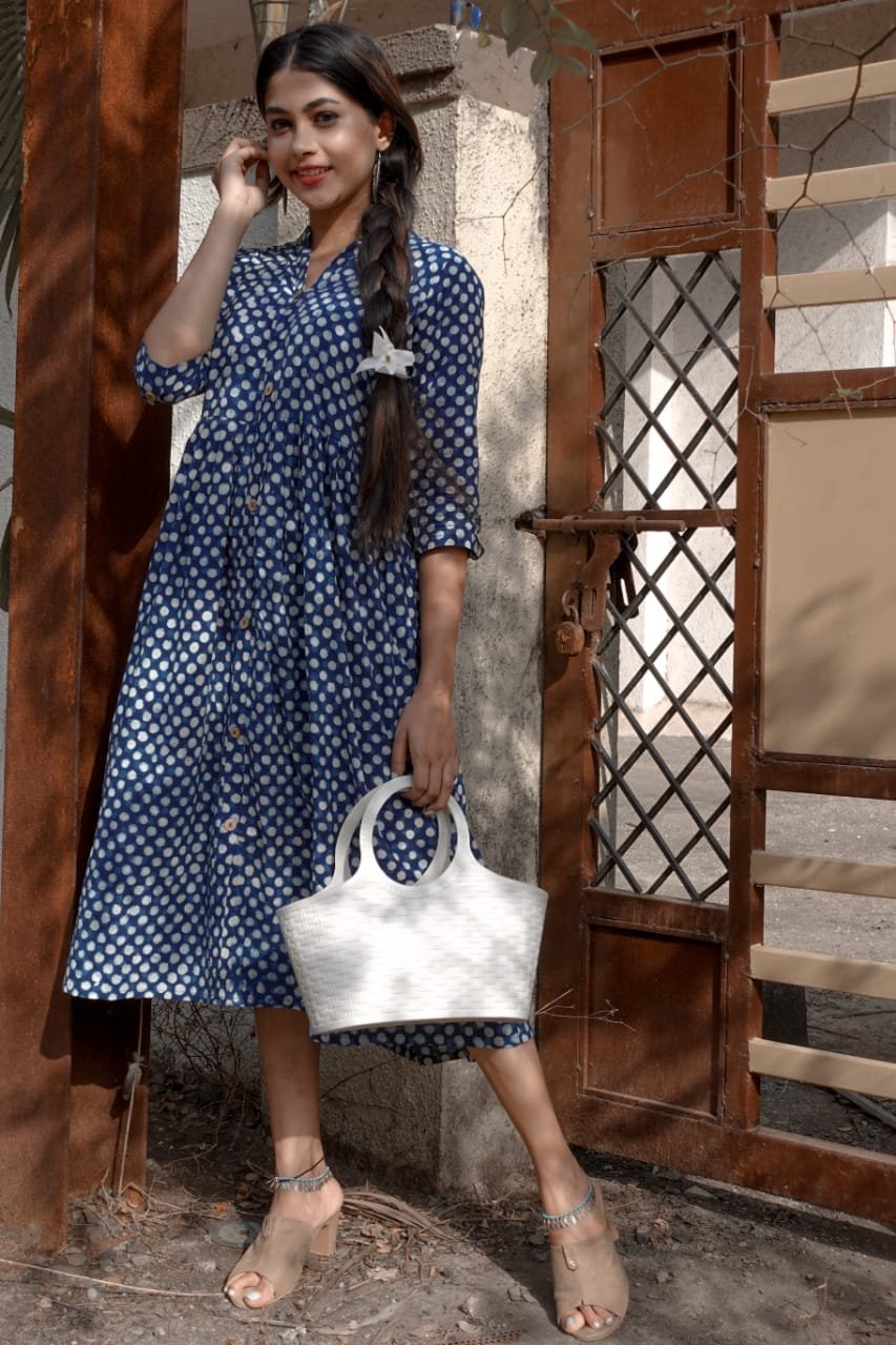 Indigo Hand Block print dress with polka dot - Loomfolks