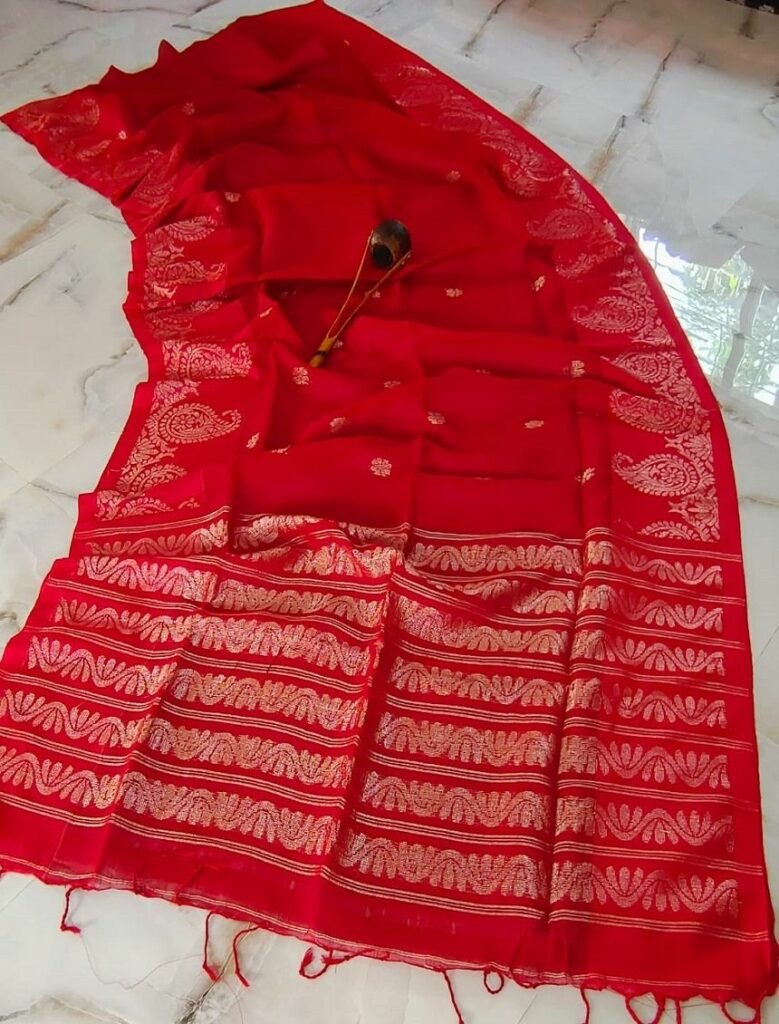 Splendid Red Linen Saree With Mango Design Border - Loomfolks