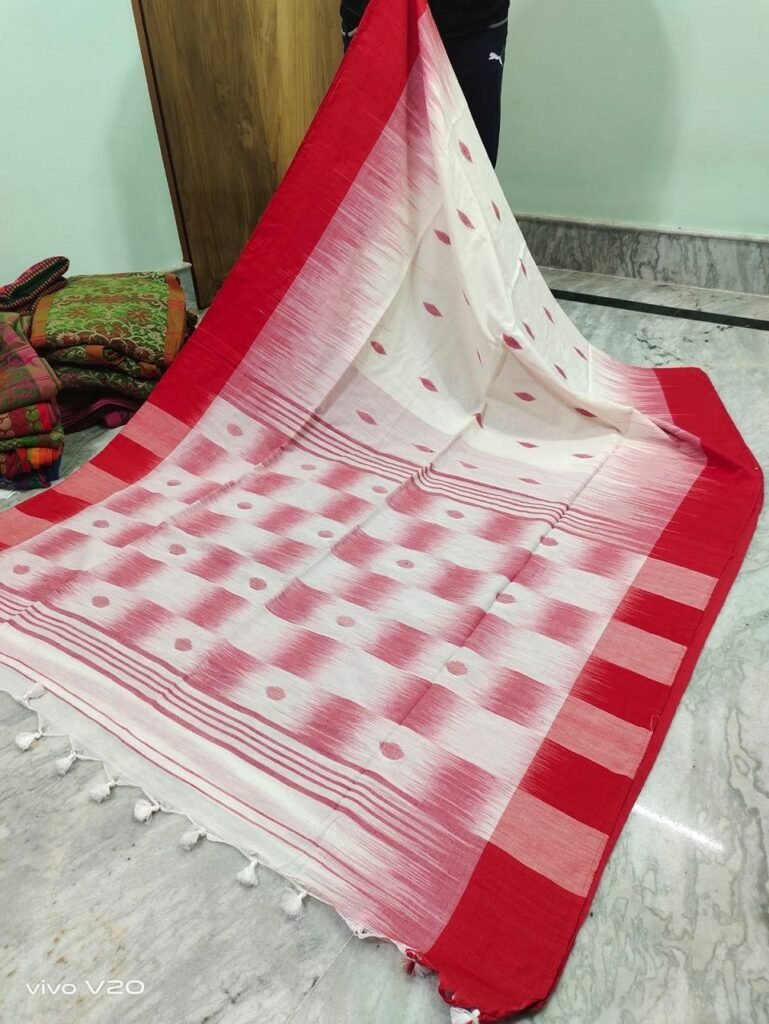 White Red Pure Cotton Ikkat Weave Handloom Saree - Loomfolks