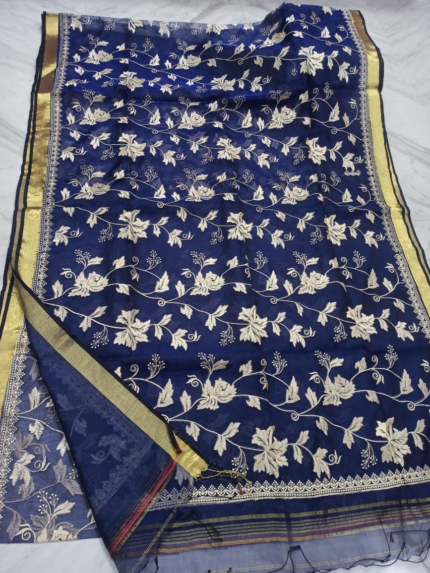 Enchanting Dark Blue Floral Embroidery Pure Resham Muslin Silk Saree ...