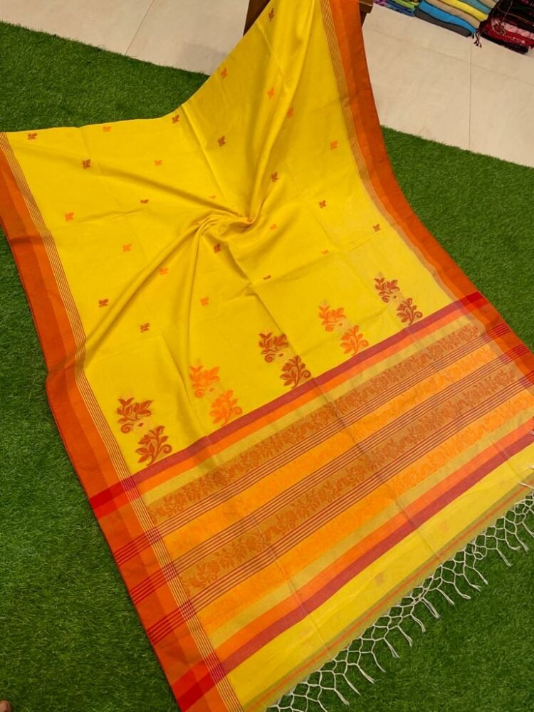 Festive Yellow Pure Cotton Floral Butti Design Handwoven Saree - Loomfolks