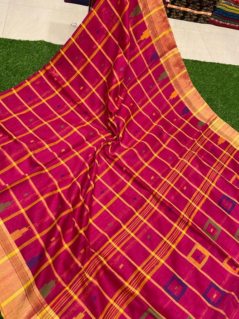 Dark Pink Check Pattern Handwoven Cotton Silk Saree - Loomfolks
