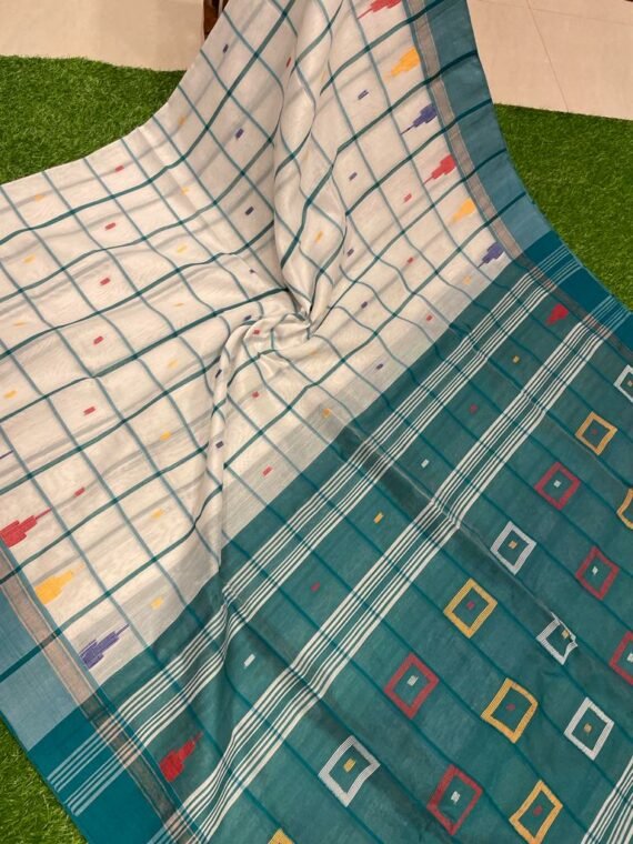 Light Teal Blue Check Pattern Handwoven Cotton Silk Saree - Loomfolks