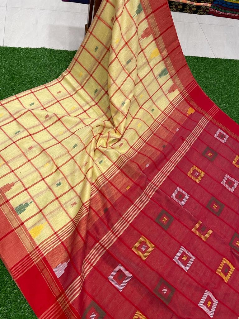 Light Yellow Red Check Pattern Handwoven Cotton Silk Saree - Loomfolks