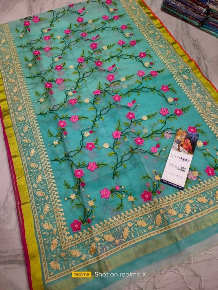 Mesmerising Blue Resham Muslin Pure Silk Saree With Blouse Embroidery ...