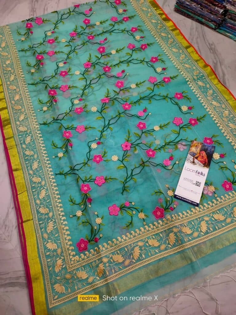 Mesmerising Blue Resham Muslin Pure Silk Saree With Blouse Embroidery ...