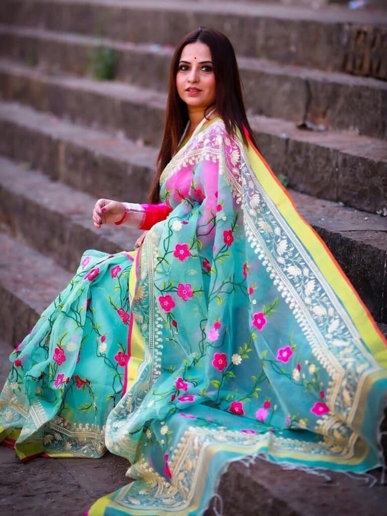 Mesmerising Blue Resham Muslin Pure Silk Saree With Blouse Embroidery ...