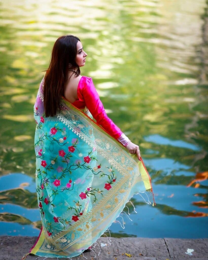 Mesmerising Blue Resham Muslin Pure Silk Saree With Blouse Embroidery ...