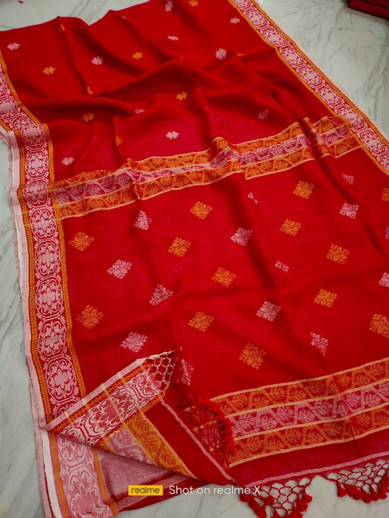 Gracious Red Jacquard Weave Linen Saree With Pretty Tassels - Loomfolks