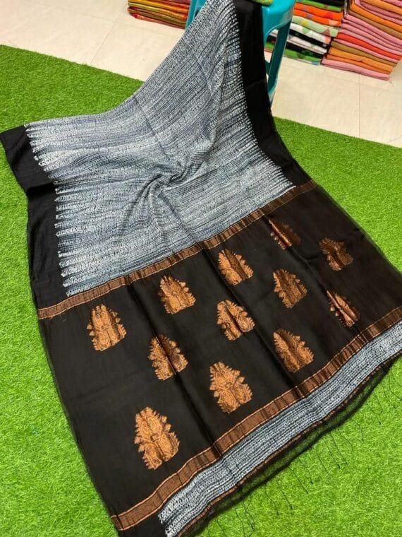 Gorgeous White Black Resham Matka Silk Shibori Design Saree - Loomfolks