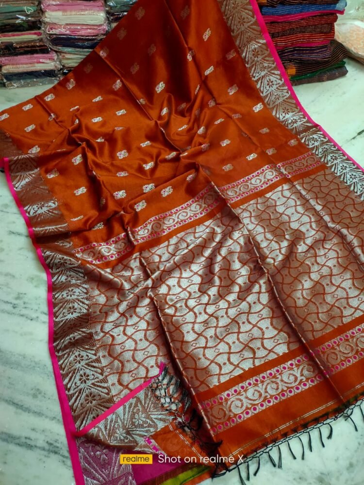 Radiant Rust Orange Intricately Handwoven Matka Cotton Silk Saree ...