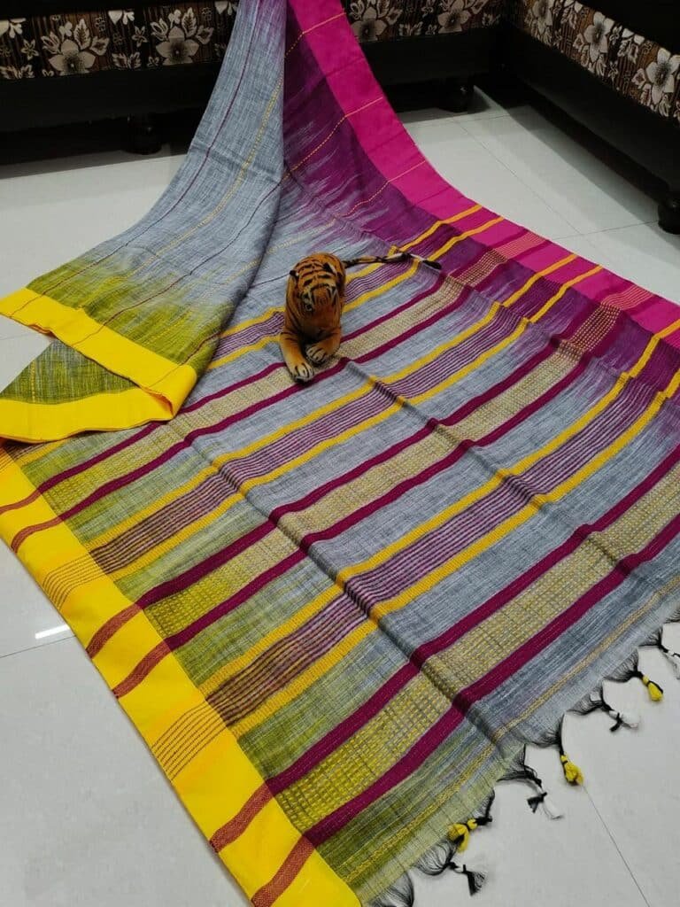 Grey Stripe Pattern Pure Cotton Ikkat Weave Saree With Contrast Border ...