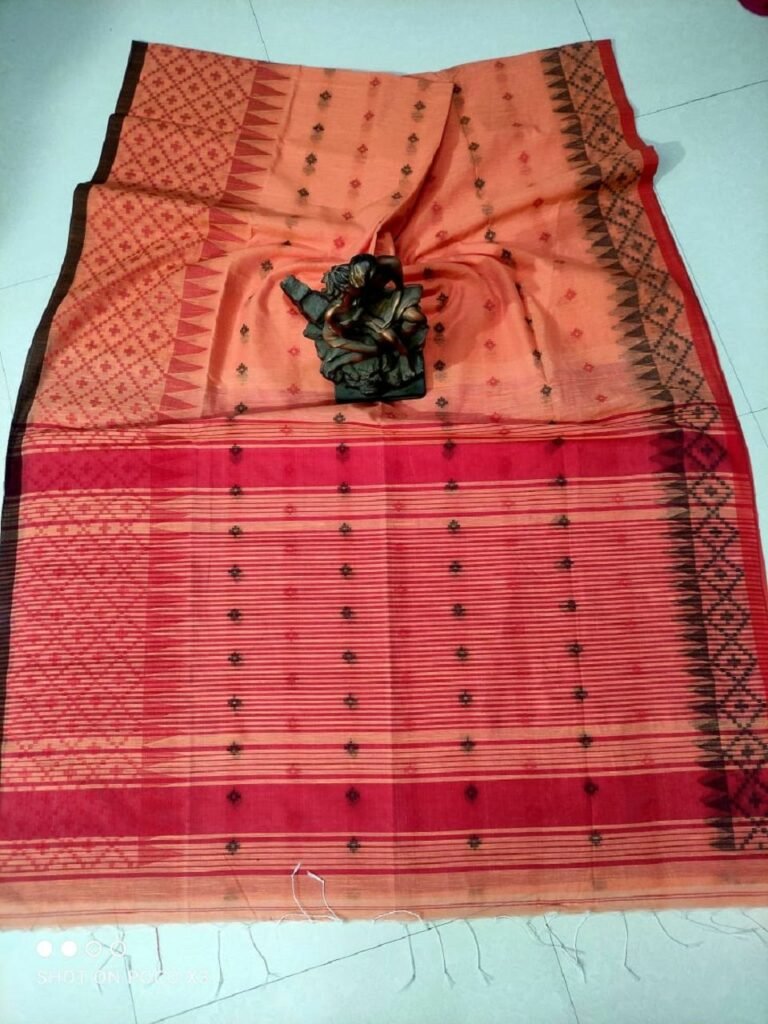 Peach Cotton Silk Saree With Butti Weave And Temple Border - Loomfolks