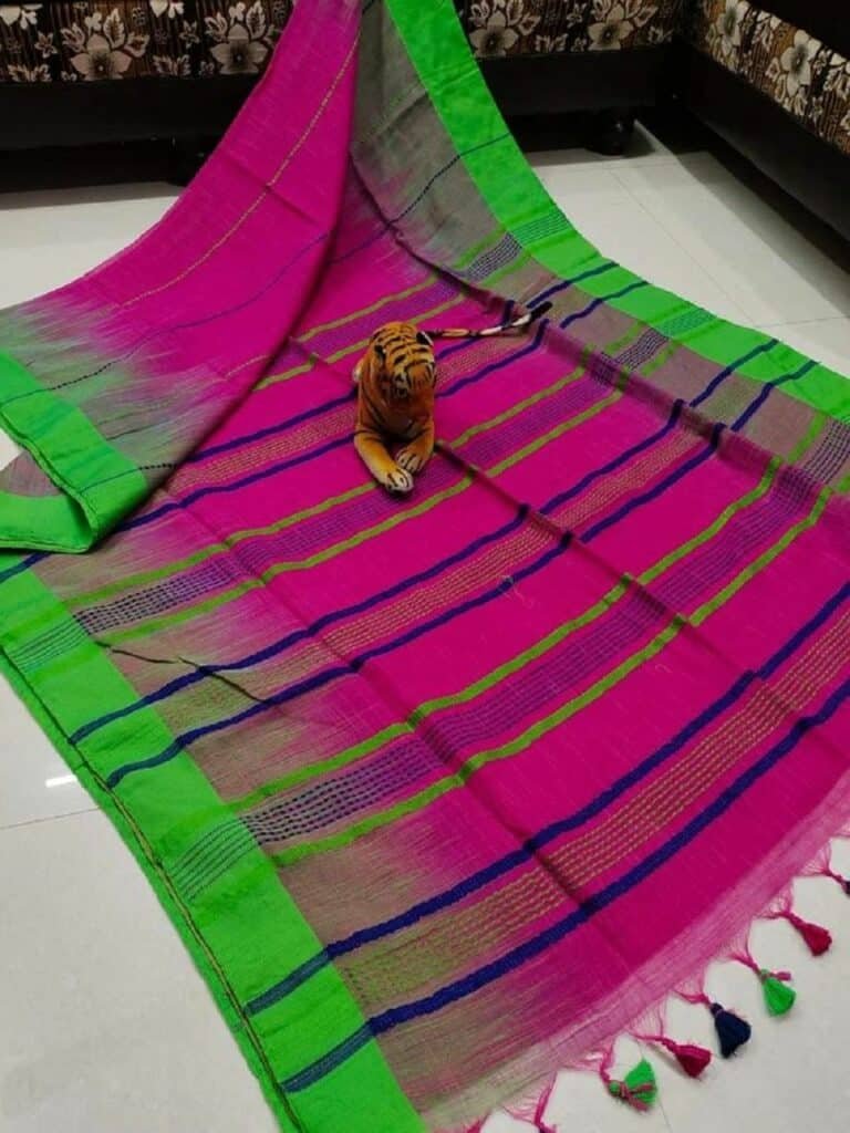 Pink Stripe Pattern Pure Cotton Ikkat Weave Saree With Green Border ...