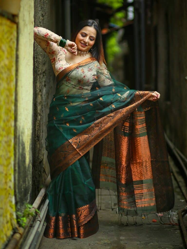 Charismatic Bottle Green Resham Muslin Silk Banarasi Design Saree ...