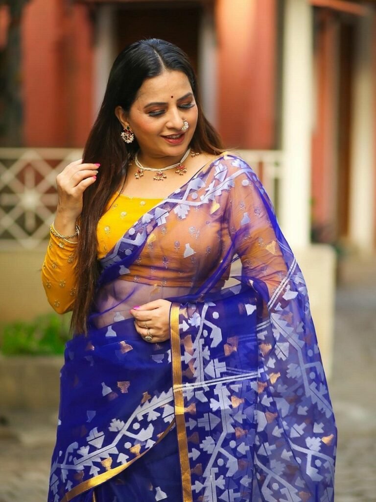 Magnificent Dark Blue Pure Resham Muslin Jamdani Saree - Loomfolks