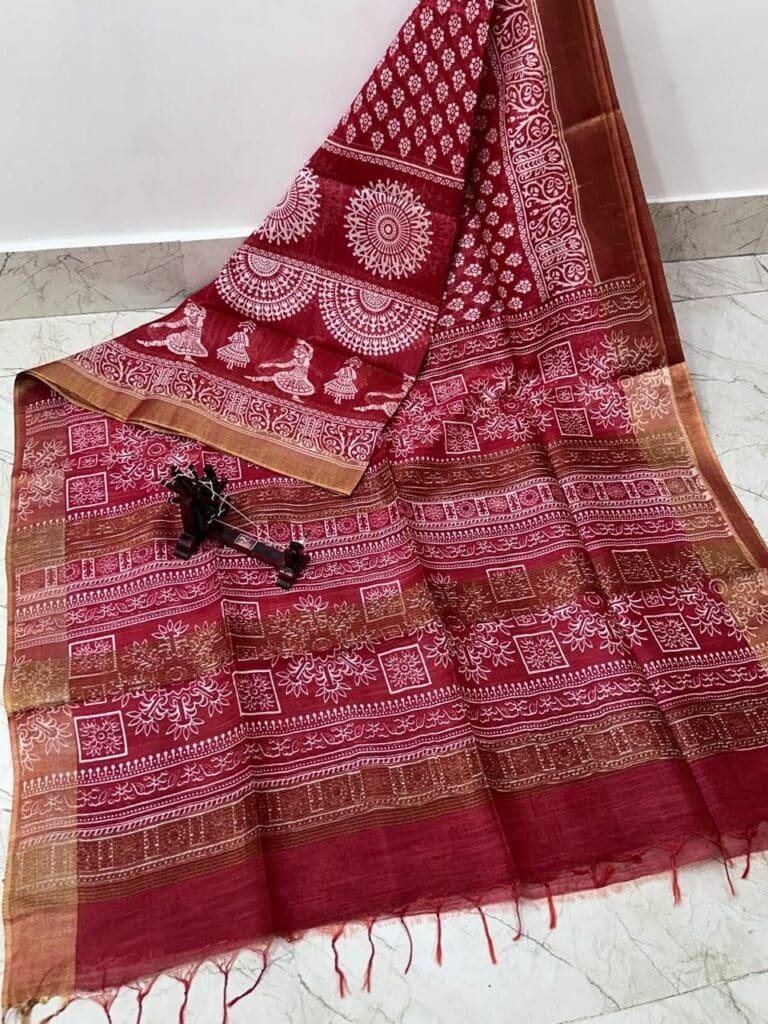 Deep Maroon Batik Printed Katan Cotton Silk Saree With Borders - Loomfolks