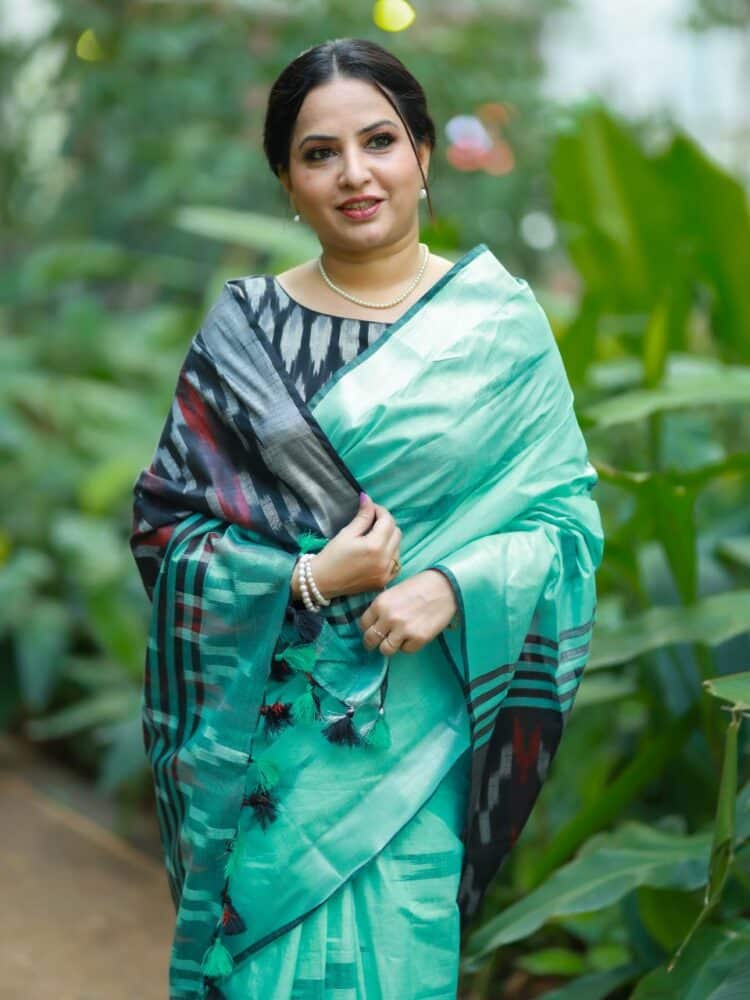 Perfect Smart Soothing Ocean Blue Cotton Ikkat Office Wear Formal Saree - Loomfolks