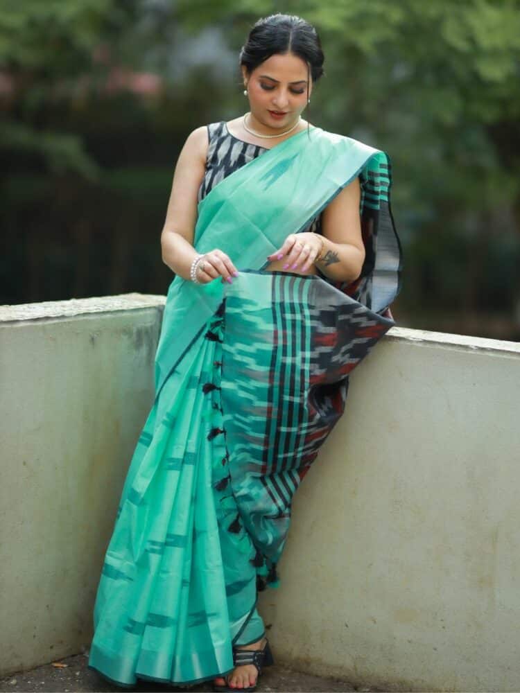 Perfect Smart Soothing Ocean Blue Cotton Ikkat Office Wear Formal Saree - Loomfolks