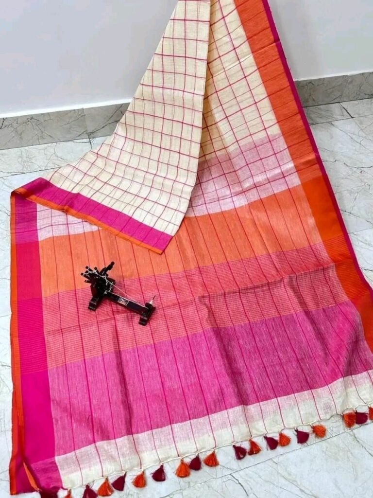 Truly Beautiful Check Design Plain Linen Saree With Contrast Borders ...