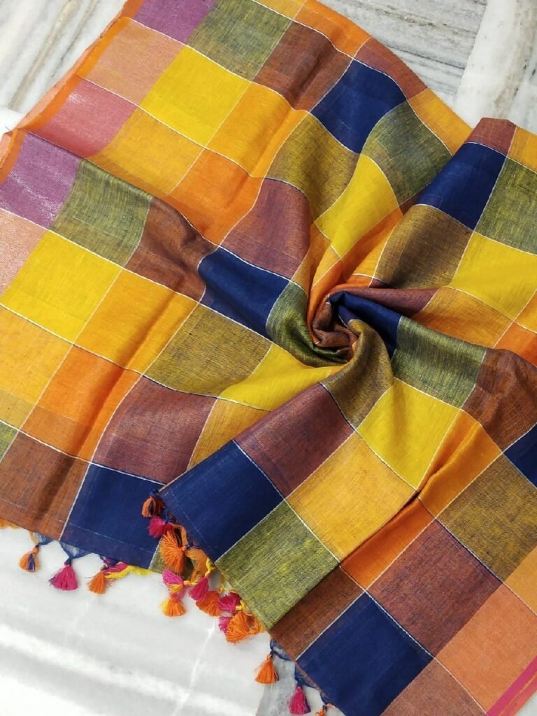 Blue Orange Multi Color Check Design Linen Saree - Loomfolks