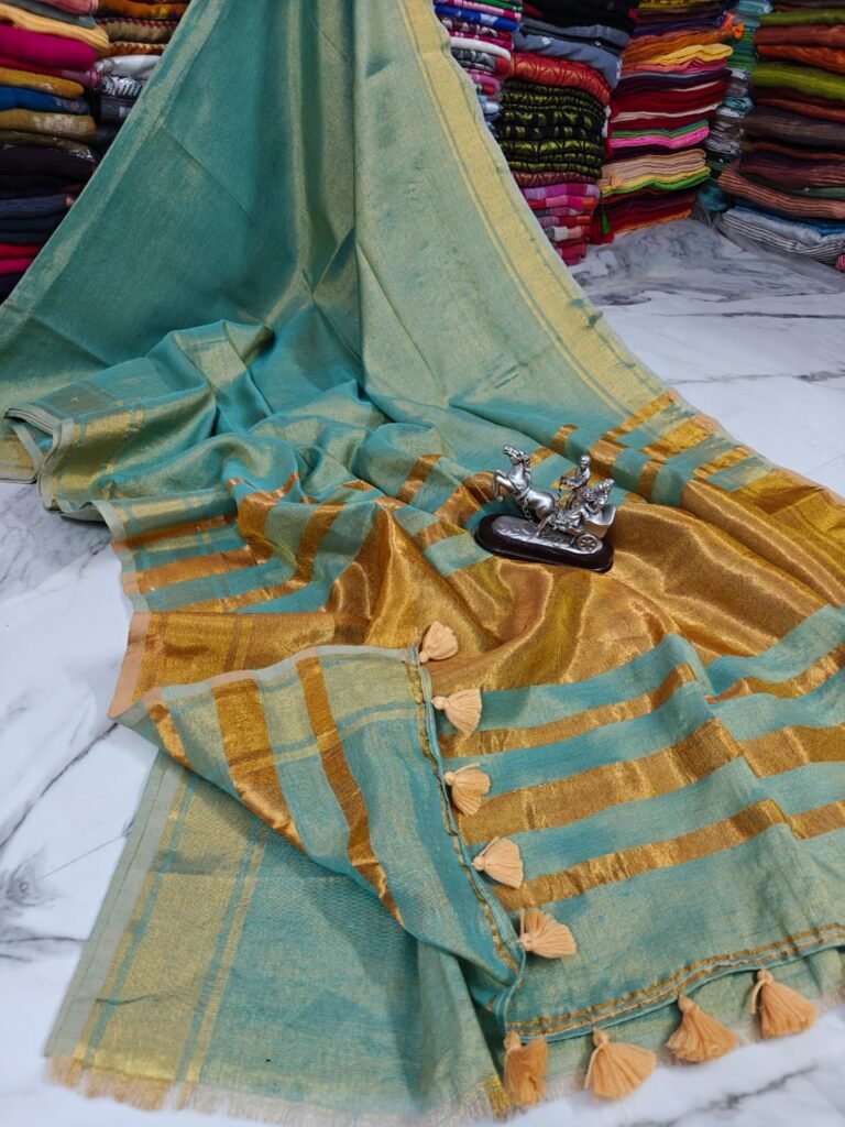 Light Blue Tissue Linen Saree With Running Blouse - Loomfolks